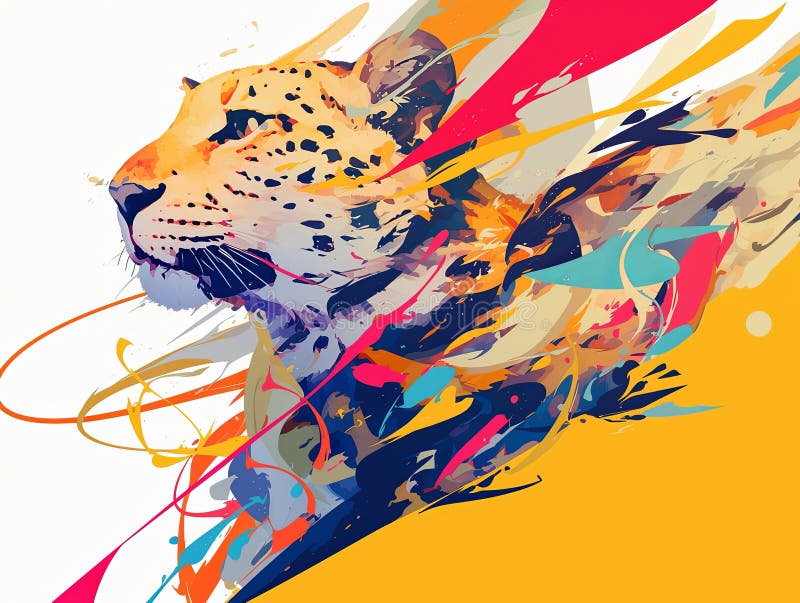Abstract Cheetah Portrait with Vibrant Color Splashes and Dynamic Lines ...