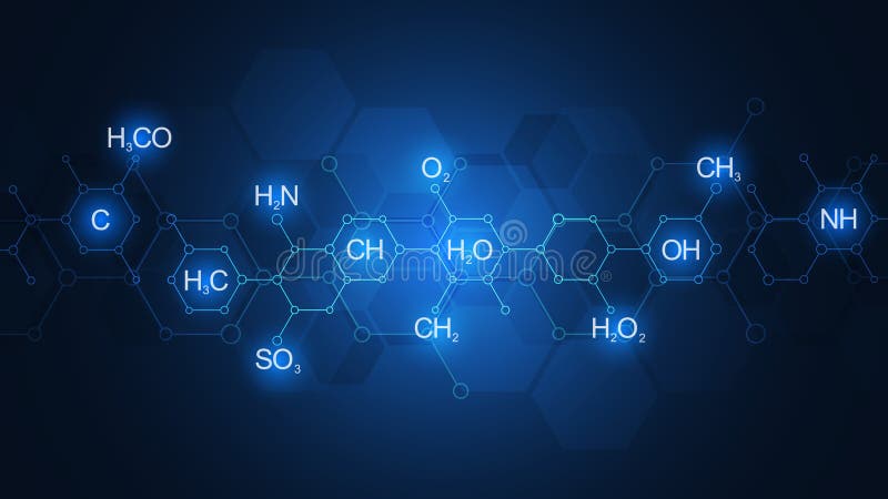 Abstract Chemistry Pattern on Dark Blue Background with Chemical ...