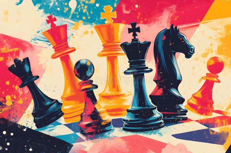Abstract Chess Pieces on Vibrant Background with Bold Colors and ...