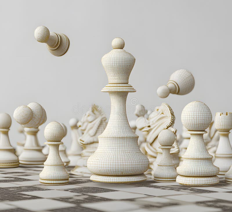 Abstract Chess Scene with 3D White Pieces Stock Illustration ...