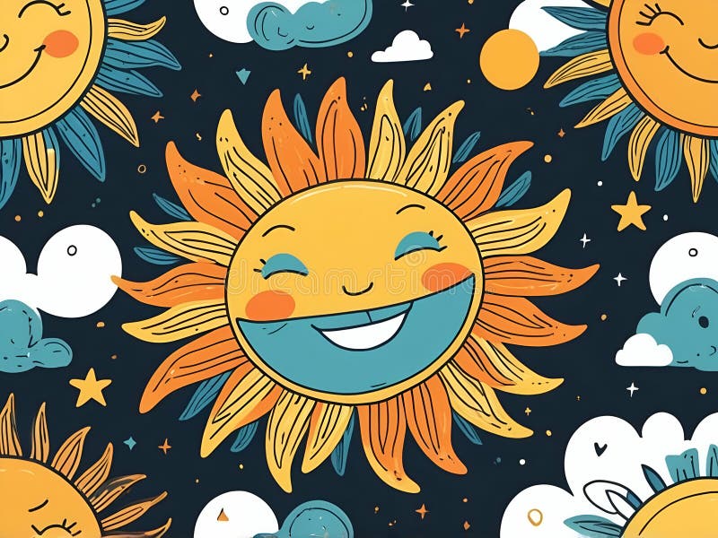 Abstract Childish Funny Cute Smiling Sun Background Stock Illustration ...