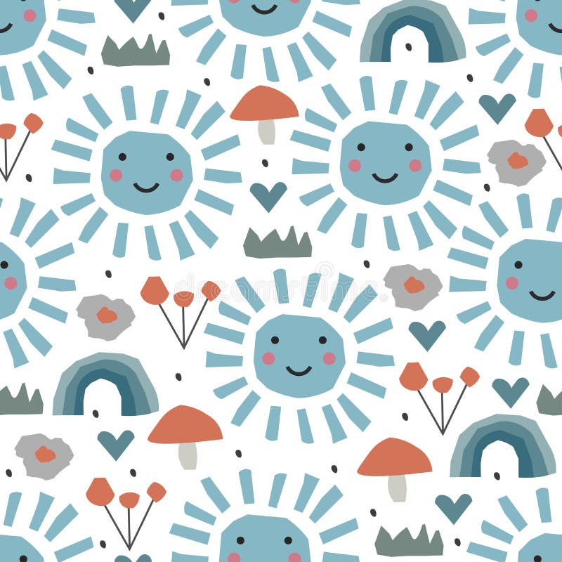 Abstract Childish Pattern with Sun, Nature, Rainbow in Scandinavian ...