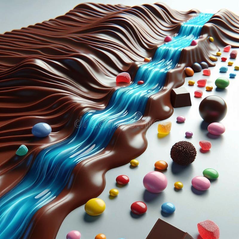 Abstract Chocolate Landscape: Flowing Blue River and Candies. Whimsical ...