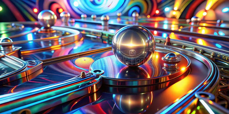 Abstract Chromatic Orb Navigating a Complex Metallic Pathway Under ...