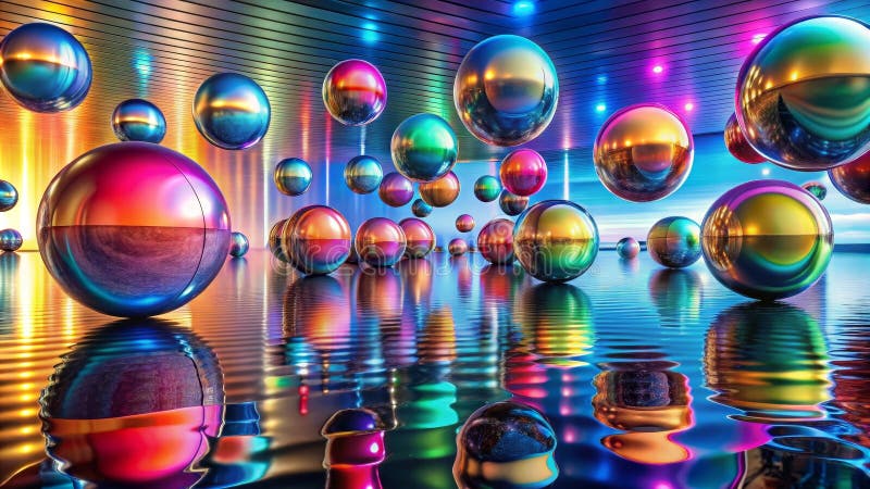 Abstract Chromatic Spheres Reflecting in a Vibrant, Iridescent Pool ...