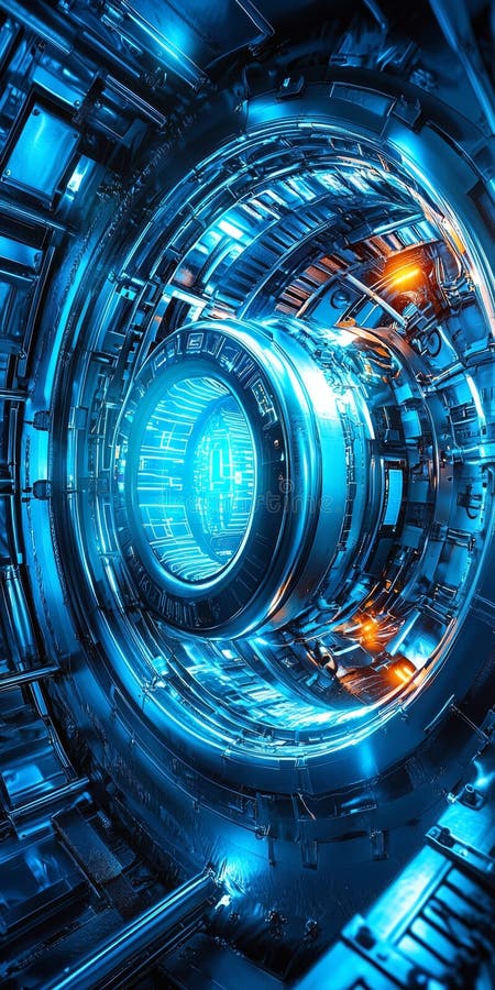 Abstract Chrome Blue and Orange Glowing Engine, Futuristic, Mechanical ...