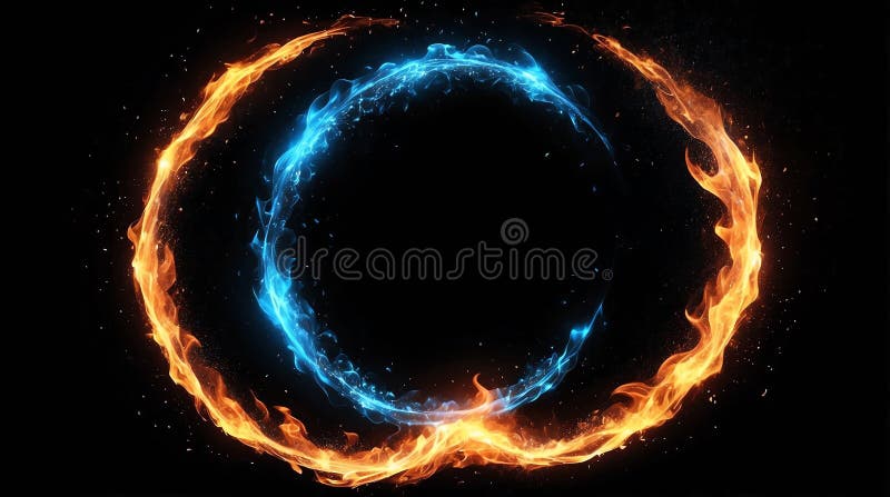 Abstract Circle of Blue Glowing Light Particles with Fire Flame on ...