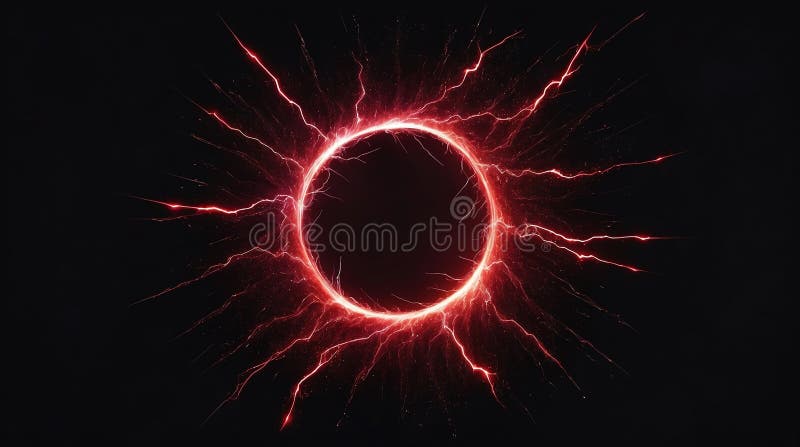 Abstract Circle of Red Glowing Light Particles with Lightning Sparks on ...