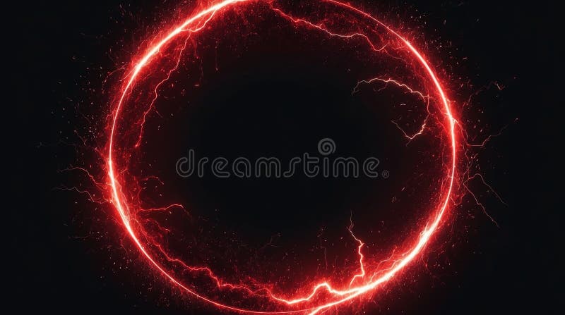 Abstract Circle of Red Glowing Light Particles with Lightning Sparks on ...