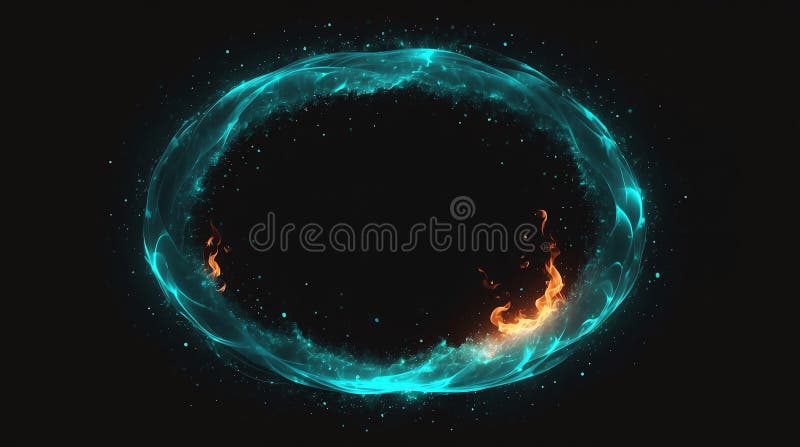 Abstract Circle of Teal Glowing Light Particles with Fire Flame on ...