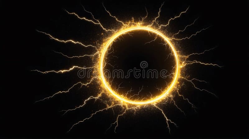 Abstract Circle of Yellow Glowing Light Particles with Lightning Sparks ...