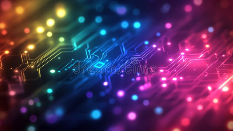 Abstract Circuit Board with Colorful Neon Lights Stock Illustration ...