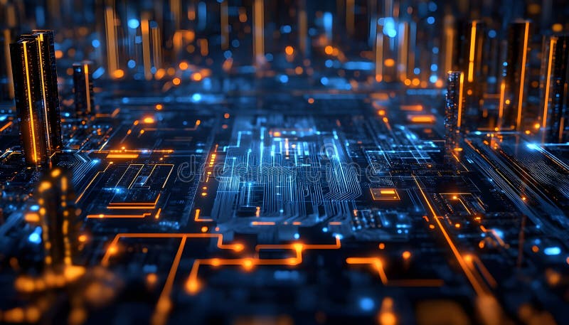 Abstract Circuit Board with Glowing Lights and Cityscape, Representing ...