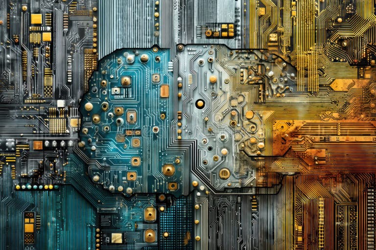 Abstract Circuit Board Transforming into Brain Shape with Metallic ...