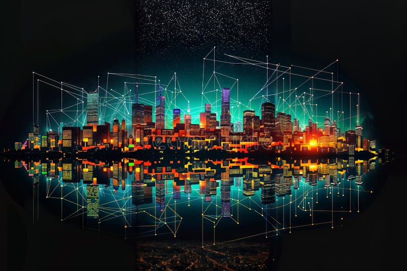 Abstract Glowing City Background with Wireframe Mesh. 3D Rendering ...