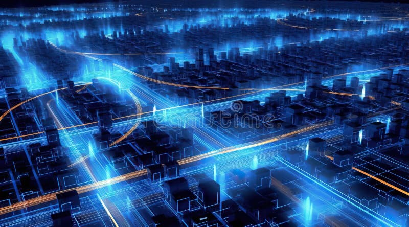 Abstract City with Blue Light Rays on Black Background. Stock ...