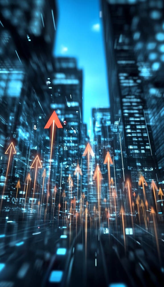 Abstract City Data Flow with Red Growth Arrows Indicating Positive Developments for Future ...