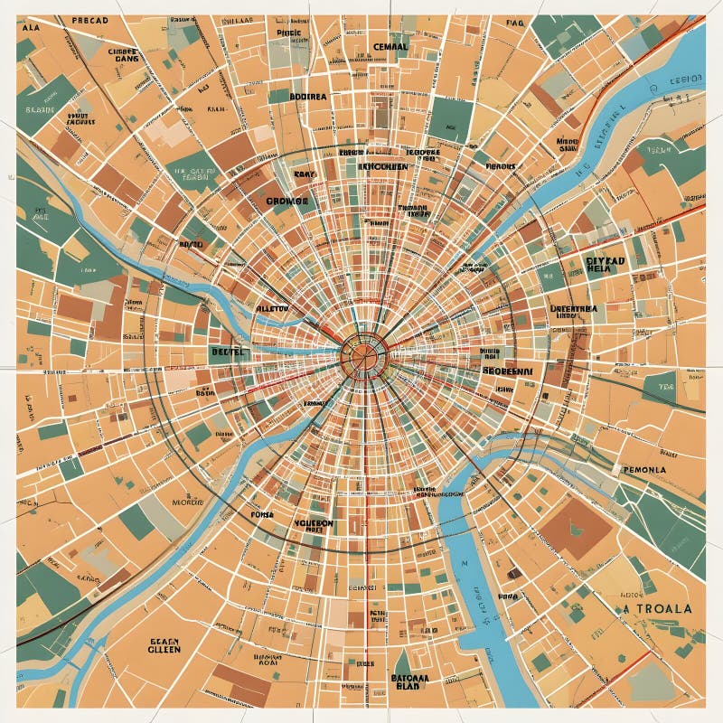Abstract City Map with Circular Street Pattern and River Stock ...