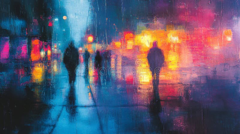 Abstract City Night Scene with Figures Walking Stock Illustration ...