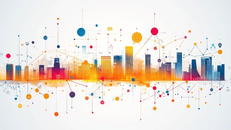 Abstract City Skyline with Interconnected Data Points and Graphical ...