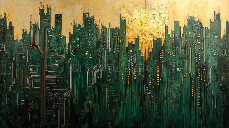 Abstract City Skyline at Sunset with Green Buildings Stock Illustration ...