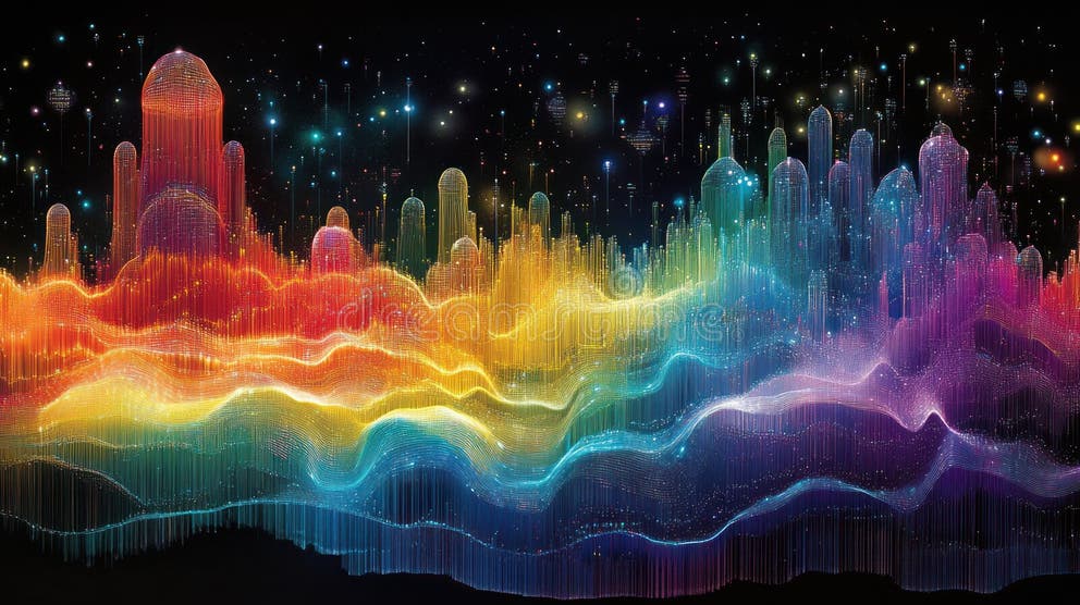 Abstract City Skyline with Vibrant Rainbow Colors, Data Visualization ...