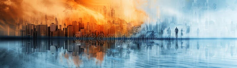 Abstract Cityscape with Fiery Sky Reflected in Water Stock Illustration ...