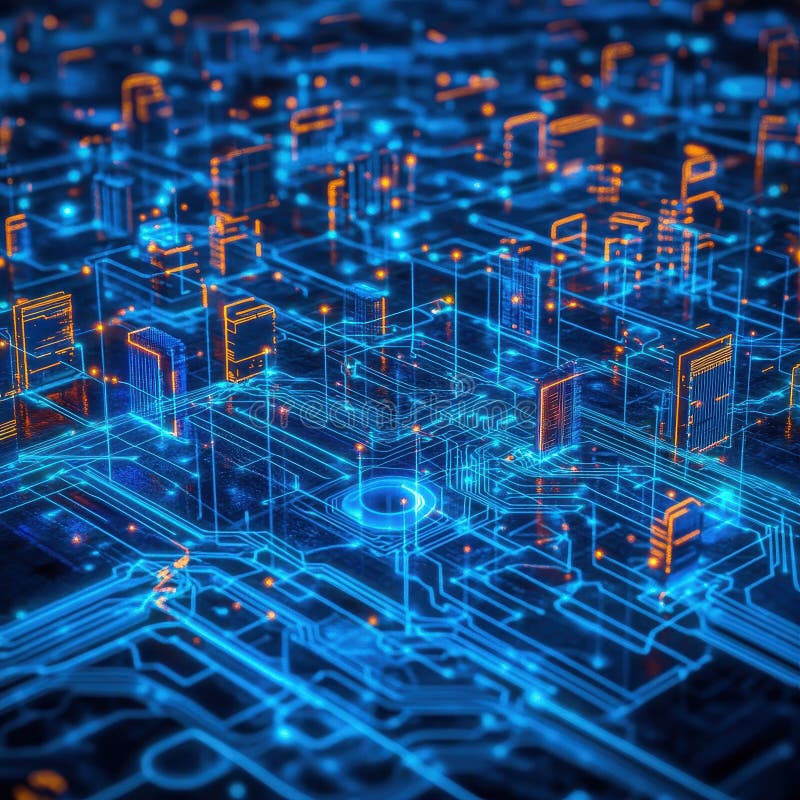 Abstract Cityscape with Glowing Blue and Orange Lines Stock ...