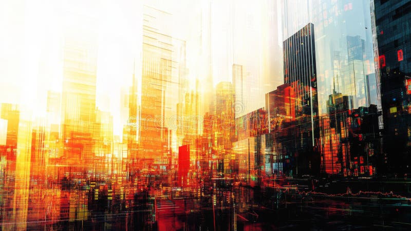 Abstract Cityscape with Glowing Buildings and Digital Overlay Stock ...