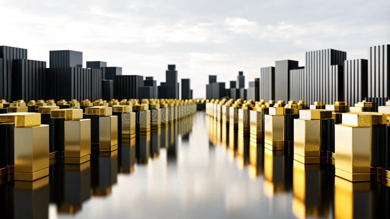 Abstract Cityscape with Gold and Black Geometric Shapes Stock ...