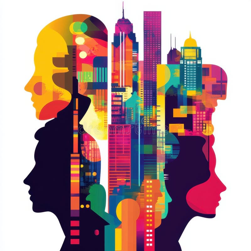Abstract Cityscape with Profile Portraits Stock Illustration ...