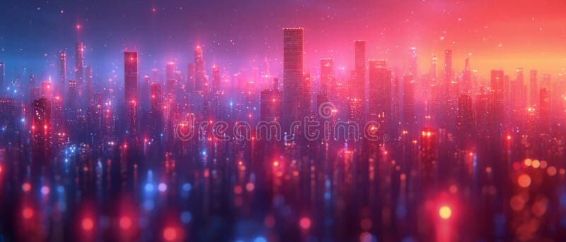 Abstract Cityscape with Tall Skyscrapers and Glowing Lights, Narrow ...