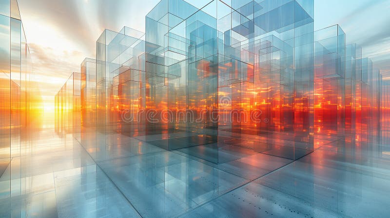 Abstract Cityscape of Transparent Glass Structures at Sunset Stock ...