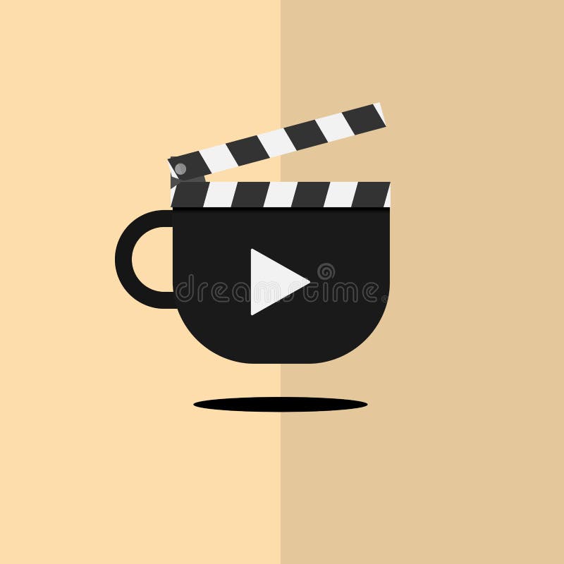 Abstract Clapperboard and Play Button on Coffee Cup Flat Vector Design ...