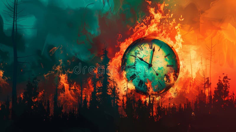Abstract Clock Melding with a Fiery Forest Backdrop, Time and Nature in ...