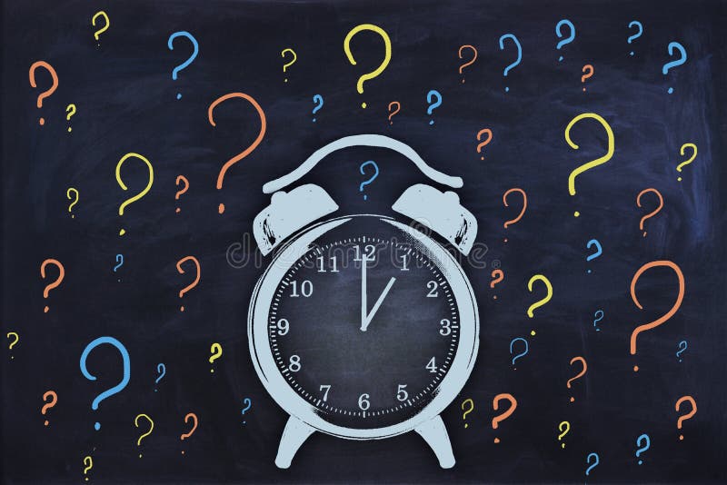Abstract Clock and Question Marks Sketch on Chalkboard Wall Background ...