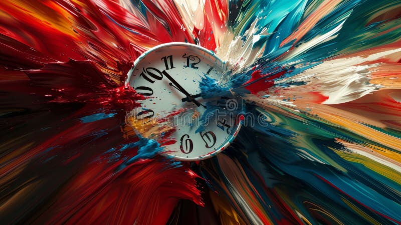 Abstract Clock Splattered with Bold Blue and Red Paint Stock Image - Image of surreal ...