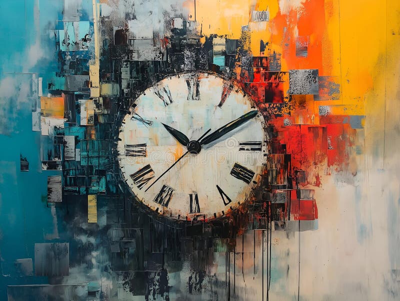 Abstract Clock, Vibrant Colors, Dynamic Composition, Mixed Media Style ...