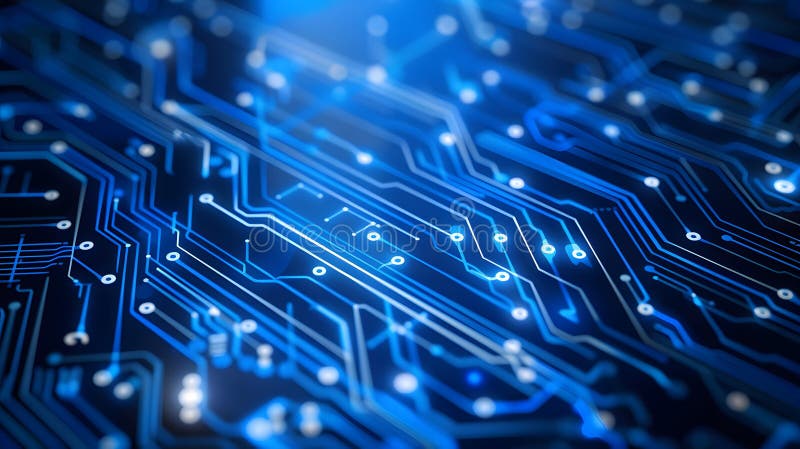 Abstract Close-up of a Blue and White Circuit Board, with Glowing ...