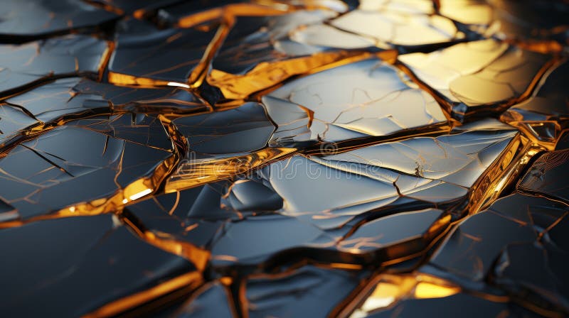 Abstract CloseUp of Cracked Glass with Golden Reflections and Dark ...
