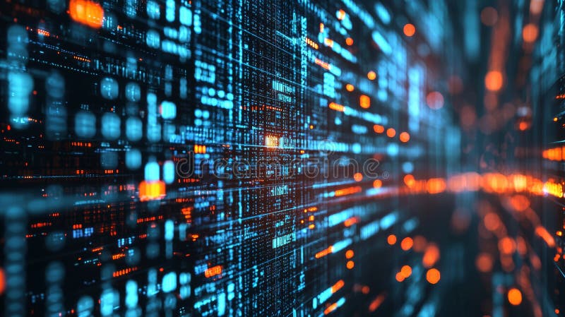 Abstract Close-up of a Digital Data Network with Blue and Orange Lights ...