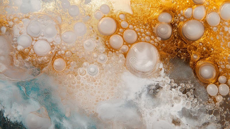 Abstract Close-up of Golden and Silver Bubbles Forming Intricate ...