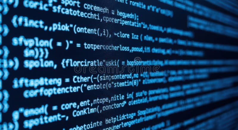 Close-up View of Glowing Blue Computer Code on a Dark Screen Highlighting Programming and ...
