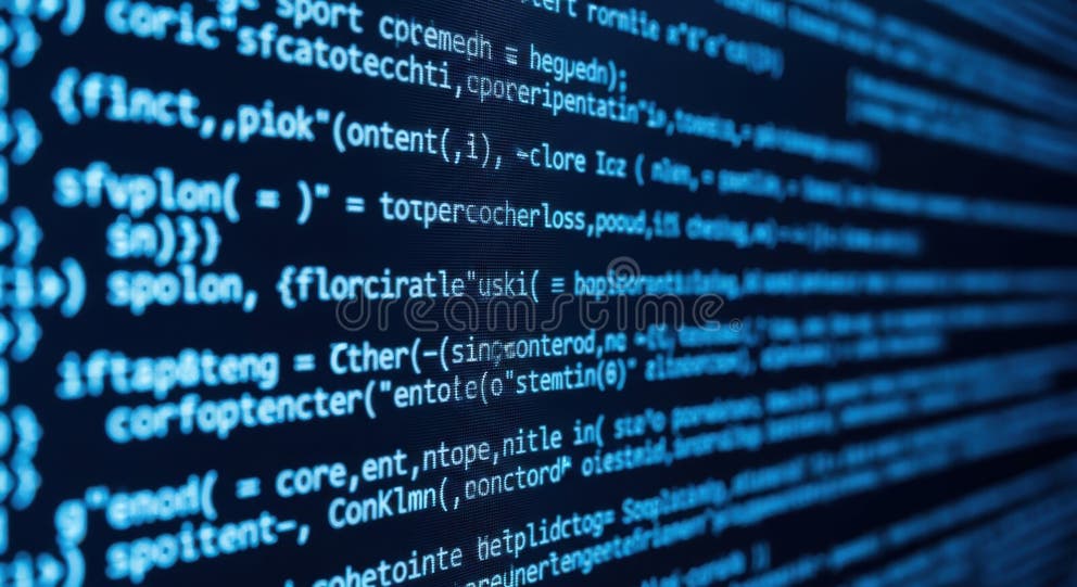 Close-up View of Glowing Blue Computer Code on a Dark Screen Highlighting Programming and ...