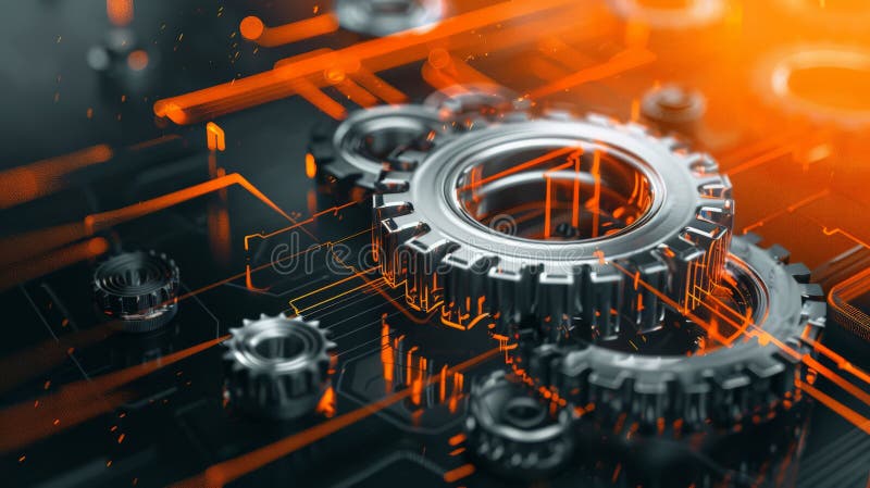 Abstract Close-up of Metallic Gears with Orange Digital Elements. Ideal ...