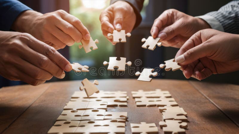 Abstract Close-up of Multiple Hands Holding Puzzle Pieces Over a Wooden ...