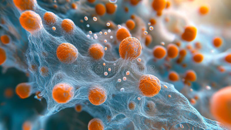 Abstract Close-up of Orange Cells in Blue Web-like Structure Stock ...