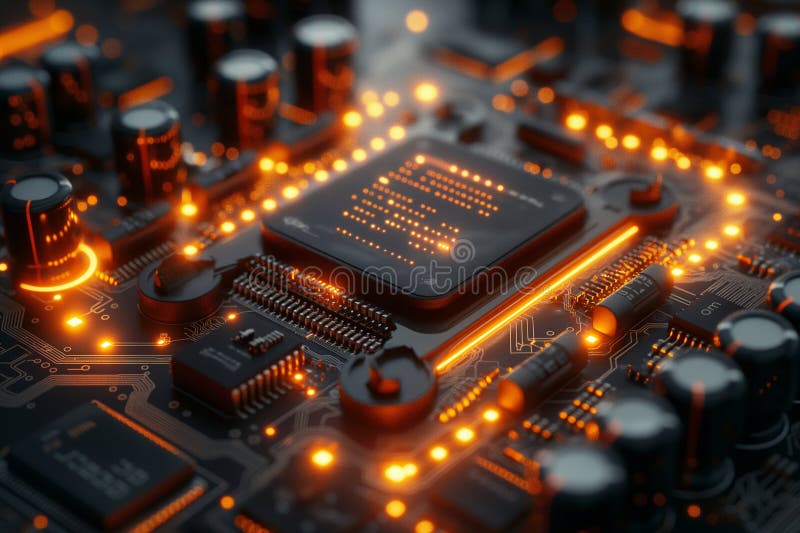 Abstract Close-up View of a Modern GPU Card Circuit with Glowing Lights ...
