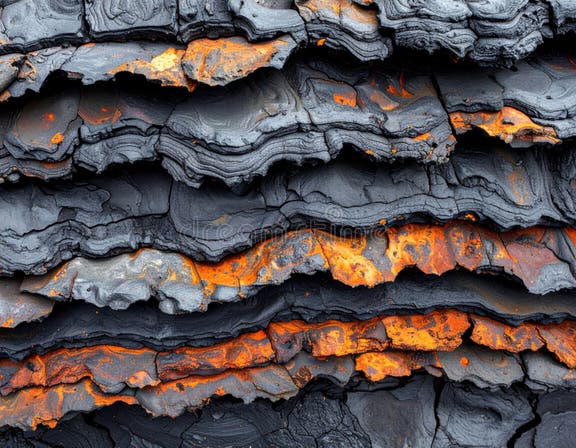 Abstract Close Up of Volcanic Rock Texture with Black and Orange Layers ...