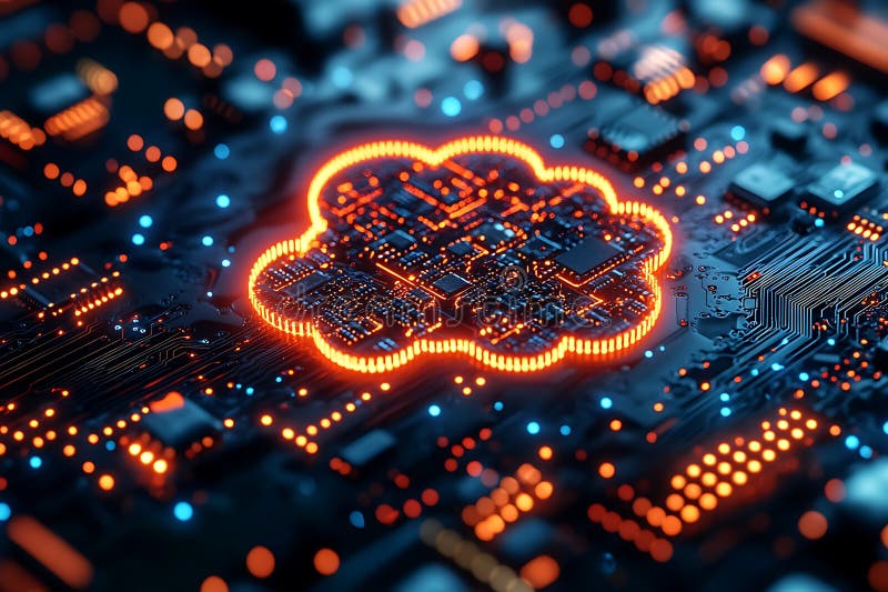 Abstract Cloud Computing Circuit Board Glowing Orange Data Network ...